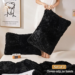 XeGe Faux Fur Throw Pillow Cases Plush Shaggy Ultra Soft Pillow Cover Fluffy Crystal Velvet Decorative Pillowcases Zipper Closure,Set of 2 (Standard, Black)