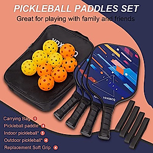 YDXIZCQ Pickleball Paddles,Fiberglass Surface Pickleball Paddles Set of 4,5 Orange Indoor Balls,4 Yellow Outdoor Balls,4 Replacement Soft Grips,1 Carrying Bag,Pickleball Paddle Gifts for Men Women