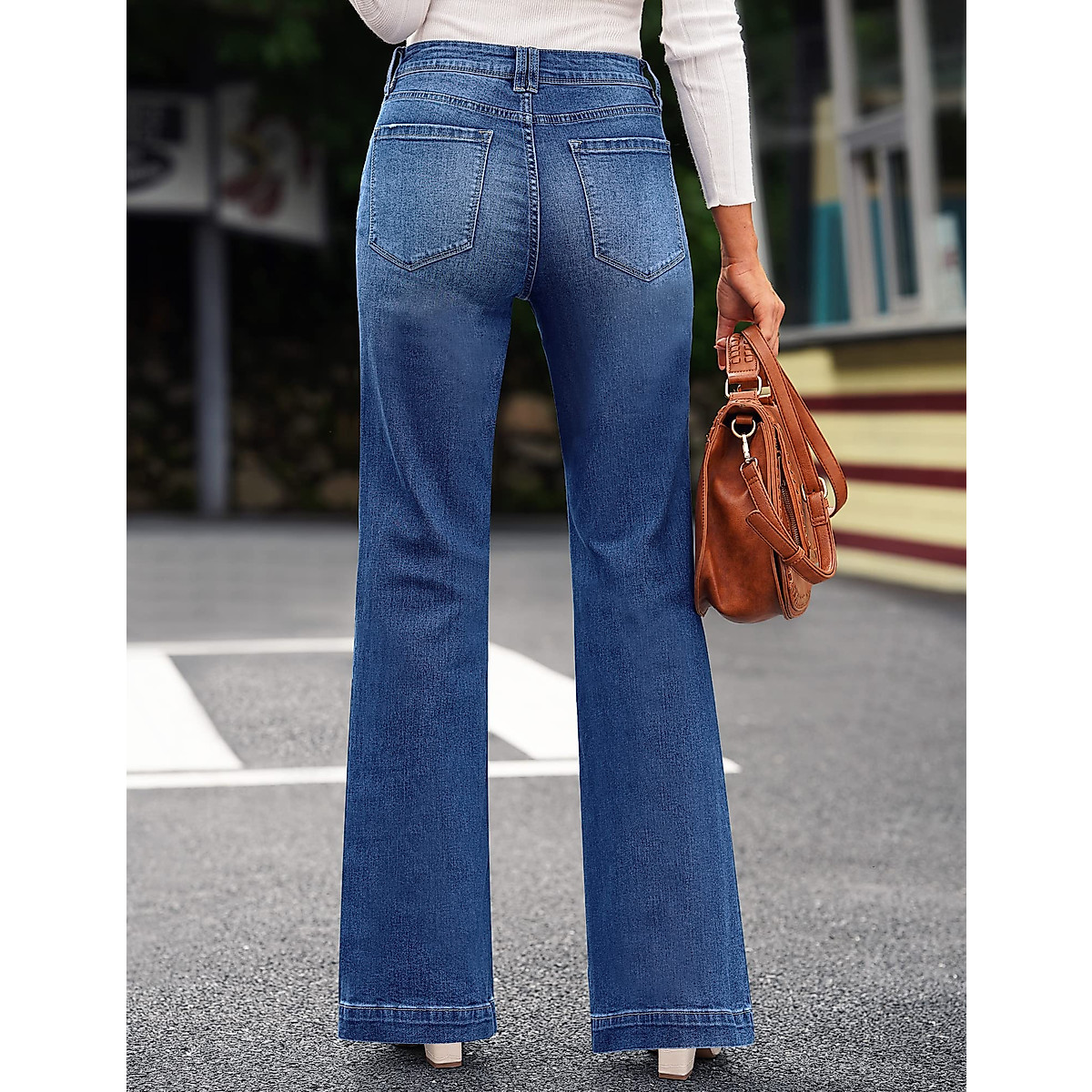 GRAPENT Plus Size Jeans, High Waisted Flare Ripped Stretch Jeans 70s Outfits, Size 12 Wide Leg Pants for Women Color Dark Blue Size 14