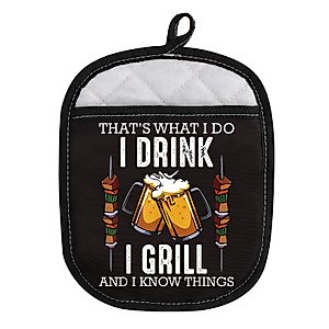 LEVLO Funny BBQ Grilling Oven Mitt with Hot Pads BBQ and Beer Lover Gift That's What I Do I Drink I Grill and Know Things Pot Holder for BBQ Lover Grilling Master (I Drink I Grill)