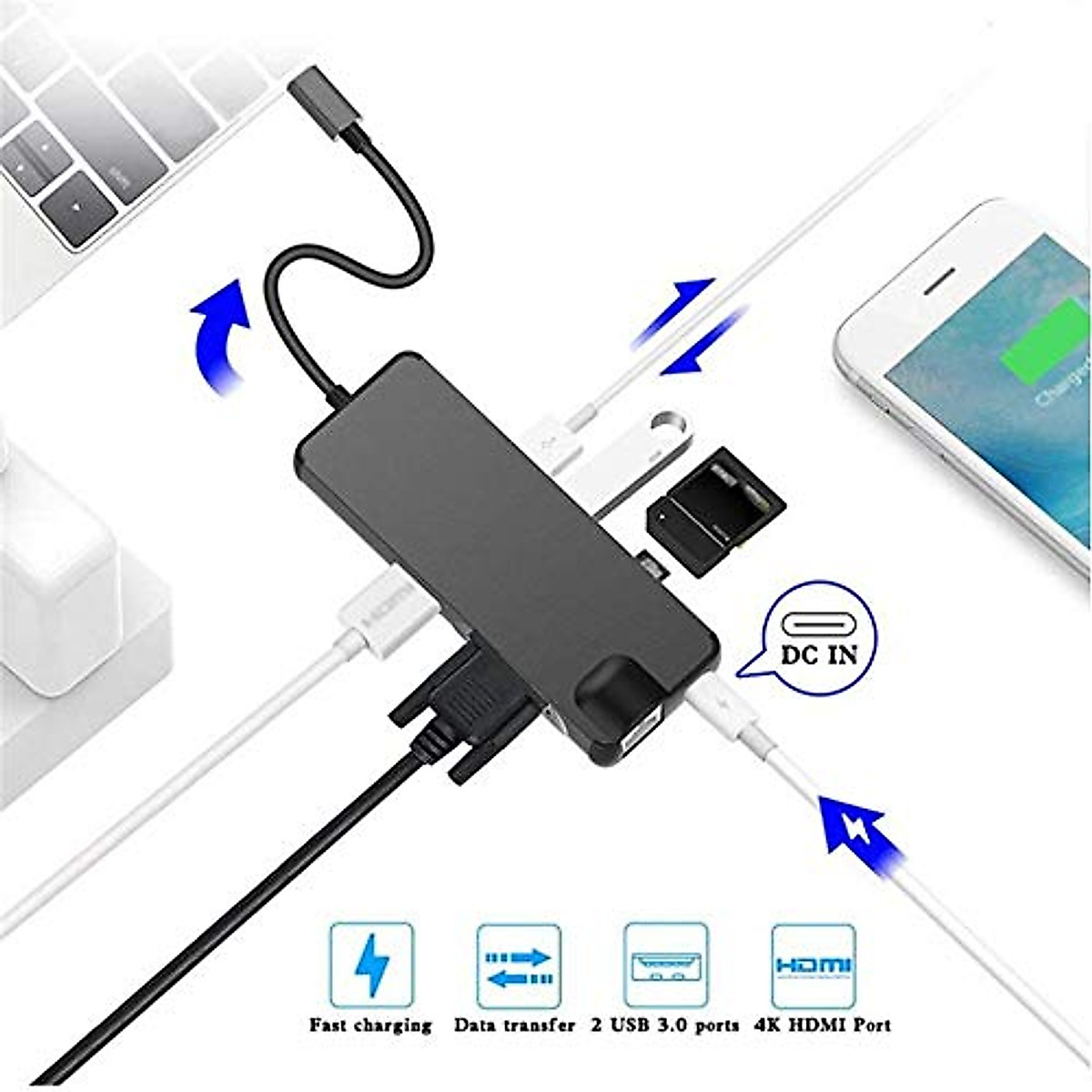 ZPLJ High-Speed 8 in 1 USB Extension Splitter with Ethernet Port 4K HDMI 2 USB 3.0 and 1080P VGA PD Charging Support SD TF Card Reader Compatible for Flash Drive Laptops USB Hub Adapter Portable