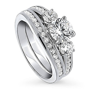BERRICLE Sterling Silver 3-Stone Wedding Engagement Rings Round Cubic Zirconia CZ Ring Set for Women, Rhodium Plated Size 6.5