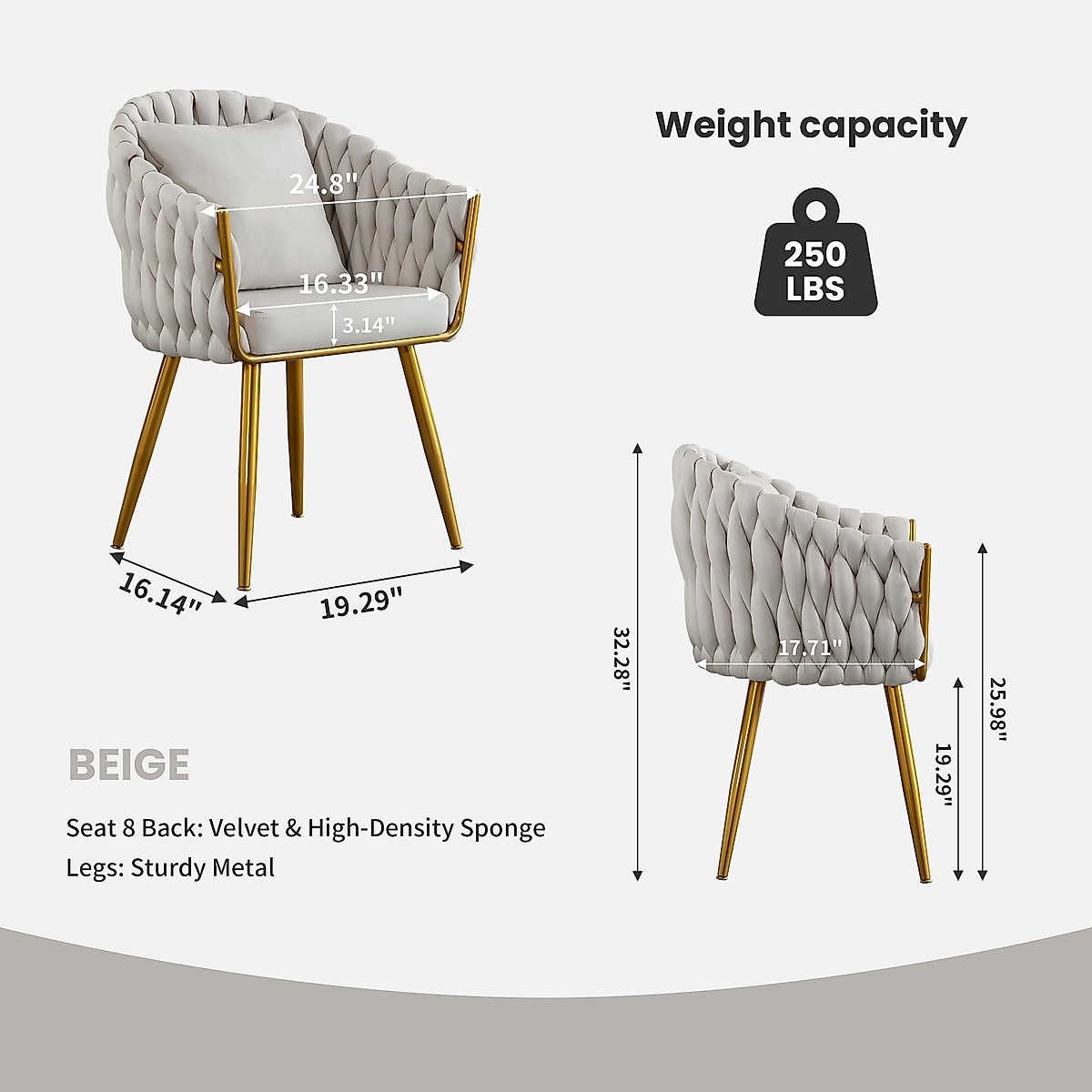 BOSMILLER Woven Dining Chairs, Modern Dining Room Chairs with Gold Metal Non-slip Legs, Curved High Backrest Round Upholstered Dining Chair with Headrest, for Living Room, Dining Room (Beige)