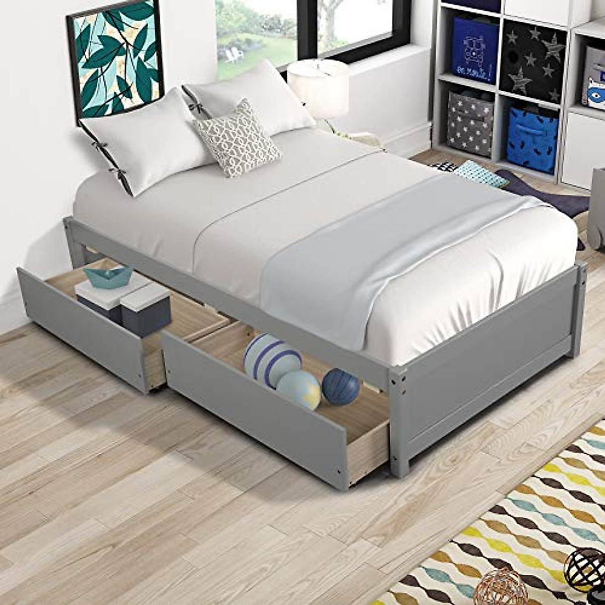 Twin Size Platform Bed with 2 Storage Drawers,Twin Bed Frame with Storage, Solid Wood Daybed with No Headboard for Kids Teen Grils Boys,Easy Assembly (Gray)