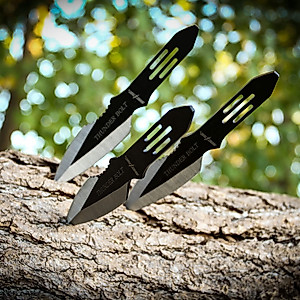 Set of 3 Black/Satin Finish Throwing Knives with Thunder Bolt Etching, Black Handles, Nylon Sheath - BladesUSA