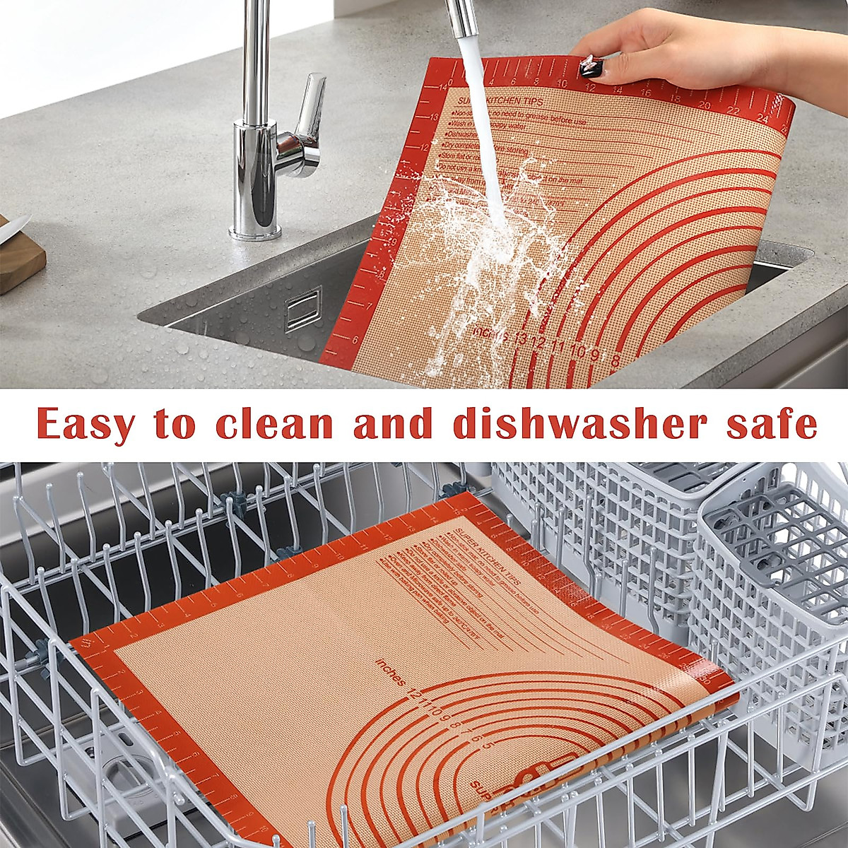 Non-slip Silicone Pastry Mat Extra Large with Measurements 16''By 26'' for Silicone Baking Mat, Counter Mat, Dough Rolling Mat,Oven Liner,Fondant/Pie Crust Mat By Folksy Super Kitchen Red