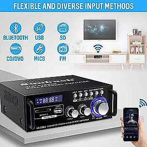 Sunbuck Max 300Wx2 Home Stereo Amplifier, Bluetooth Stereo Receiver, Hi-Fi Small Speaker Receiver, 2 Channel Amplifier Home Audio with Remote Control, USB2.0, Outdoor Receiver for Speakers, AS-25BU
