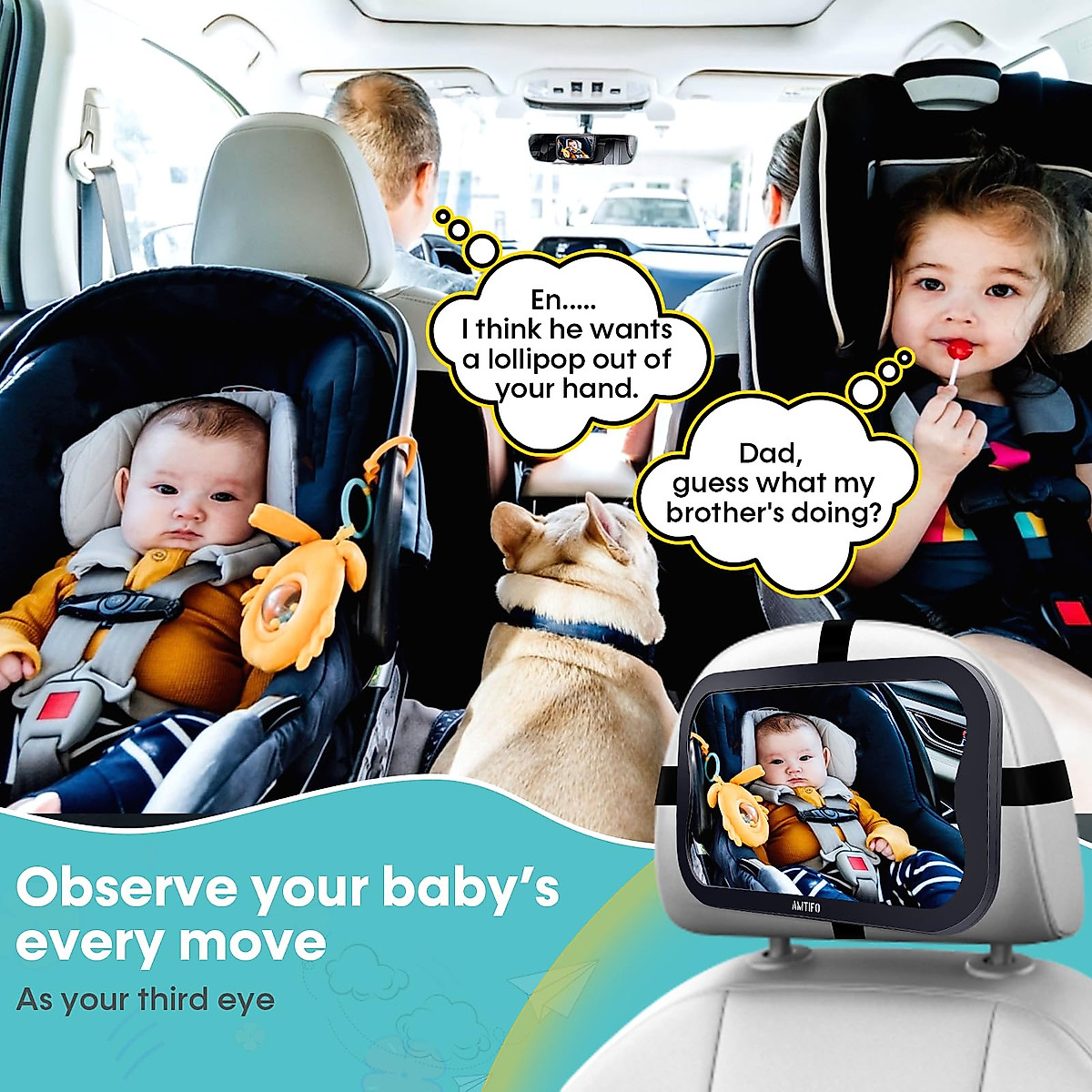 Baby Car Mirror for Rear-Facing Seat - Shatterproof & No-Shake Design,Wide-Angle View,Easy Install 360° Adjustable,Infant and Toddler Travel Essential,by AMTIFO