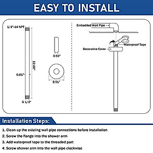 HANEBATH 12 Inch Ceiling Mount Shower Arm and Flange, Matte Black Shower Head Extension Arm, Thick 304 Stainless Steel