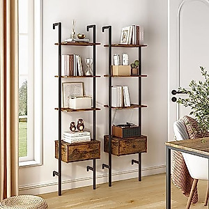 Tajsoon Ladder Shelf, Tall Bookcase with Storage Drawers, 4-Tier Wood Wall Mounted Bookshelf, Open Display Rack, Storage Shelves for Bedroom, Home Office, Collection, Plant Flower, Rustic Brown