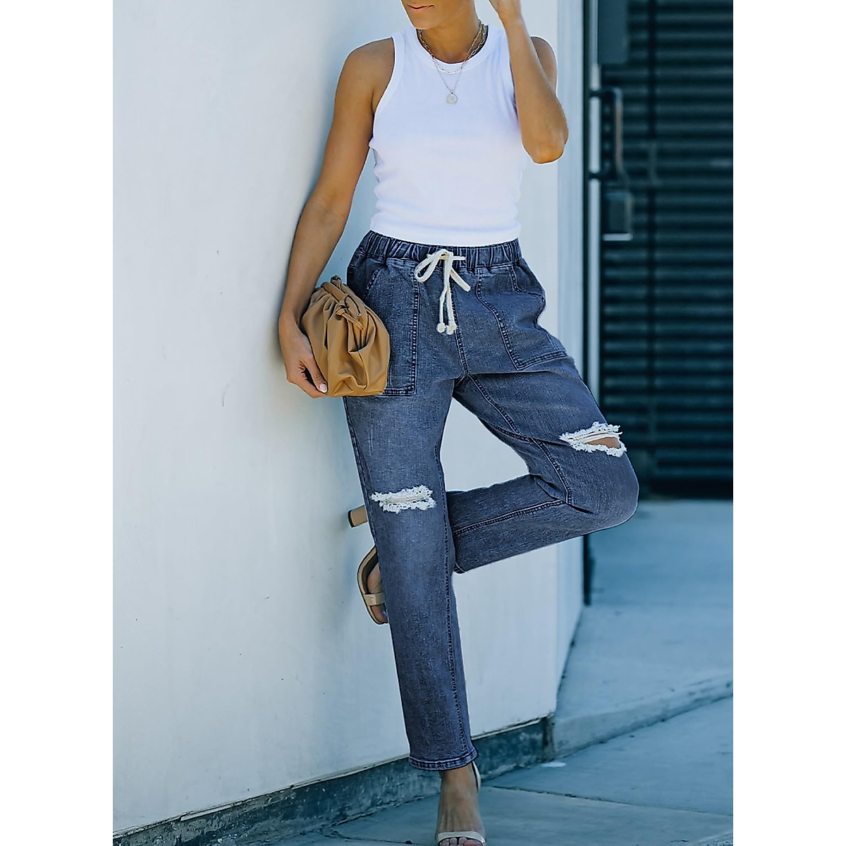 Sidefeel Women's Jeans Cargo Pants High Waisted Ripped Denim Joggers Pull On Elastic Drawstring Waist Trousers Blue Size 4