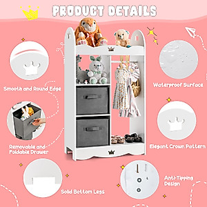 Costzon Kids Dress up Storage Wardrobe, Toddler Armoire Dresser Wardrobe W/Mirror & Cloth Hanger, Cute Crown Patterns, Pretend Costume Closet Toy Organizer, Perfect for Kids Bedroom, Playroom (White)
