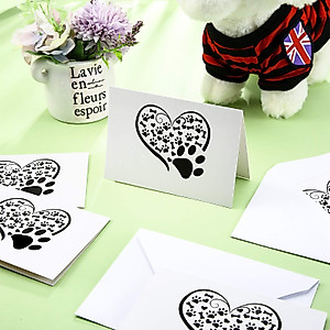 48 Pcs Paw Printed Note Cards Set, 24 Paw Printed Note Cards Heart Paw Thank You Card Paw Print Blank Greeting Card with 24 White Envelopes Animal Lovers Pet Shop Pet Birthday Party (Black and White)
