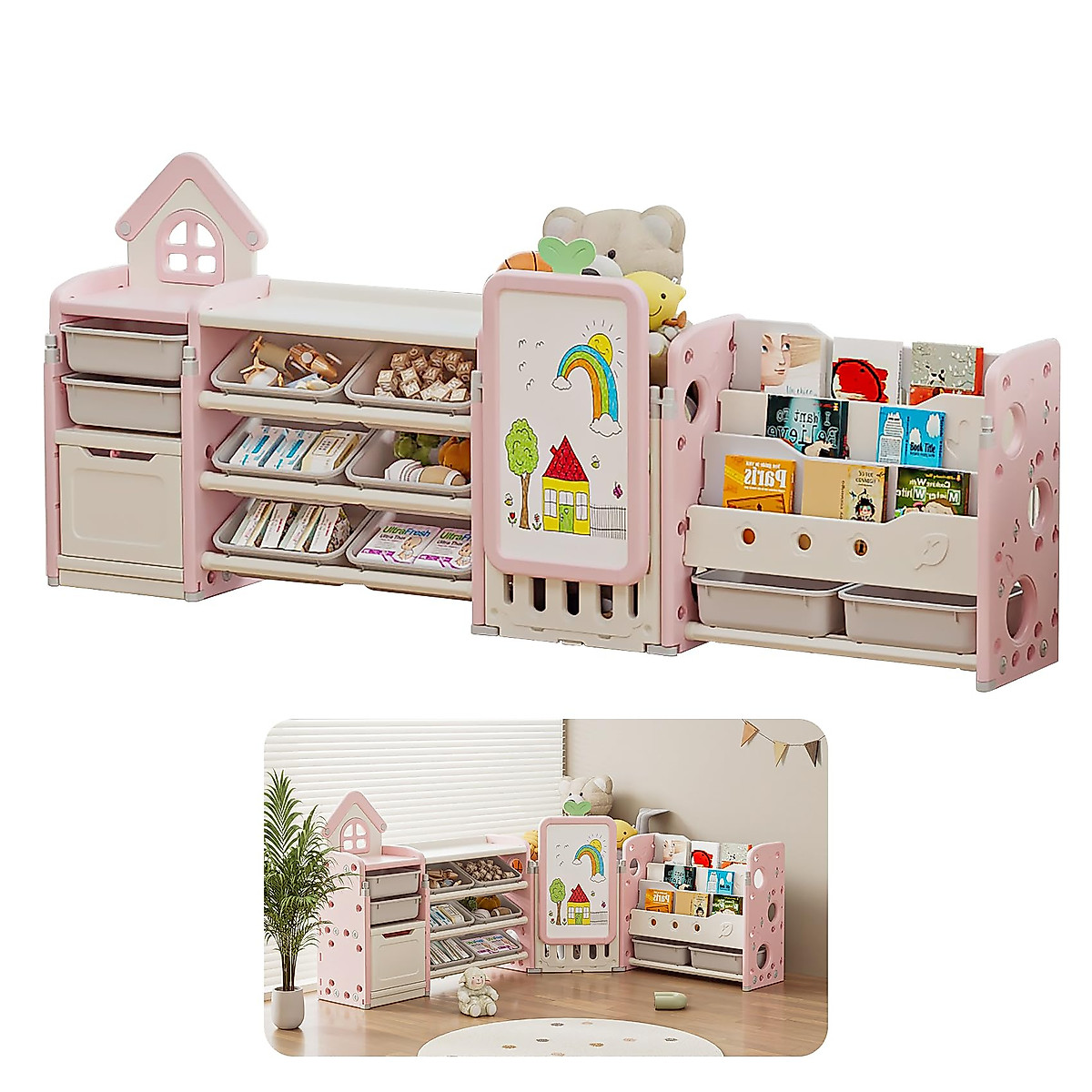 UNICOO Kids Multifunctional Toy Storage Organizer with 3-Tier Bookshelf, Storage Rack & Drawing Board, Flexible & Versatile L Shaped Organizer for Nursery, Playroom, Study Room (Pink)