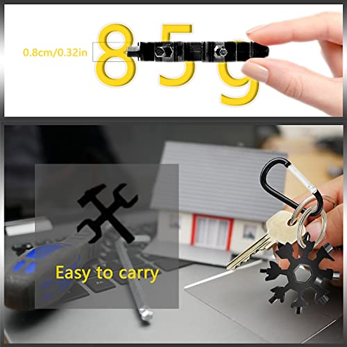 MATHARAGO Snowflake Multitool, 1pcs Snowflake Tool Stainless Steel 18 in 1 Snowflake Multitool with Carabiner Clip, Keyring and Storage Bag for Christmas Gift Men's Present(Black)