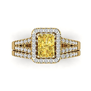 Clara Pucci 1.6ct Emerald Cut Halo Solitaire Yellow Simulated Diamond Engagement Promise Bridal Ring Band set 14k Yellow Gold 7.5