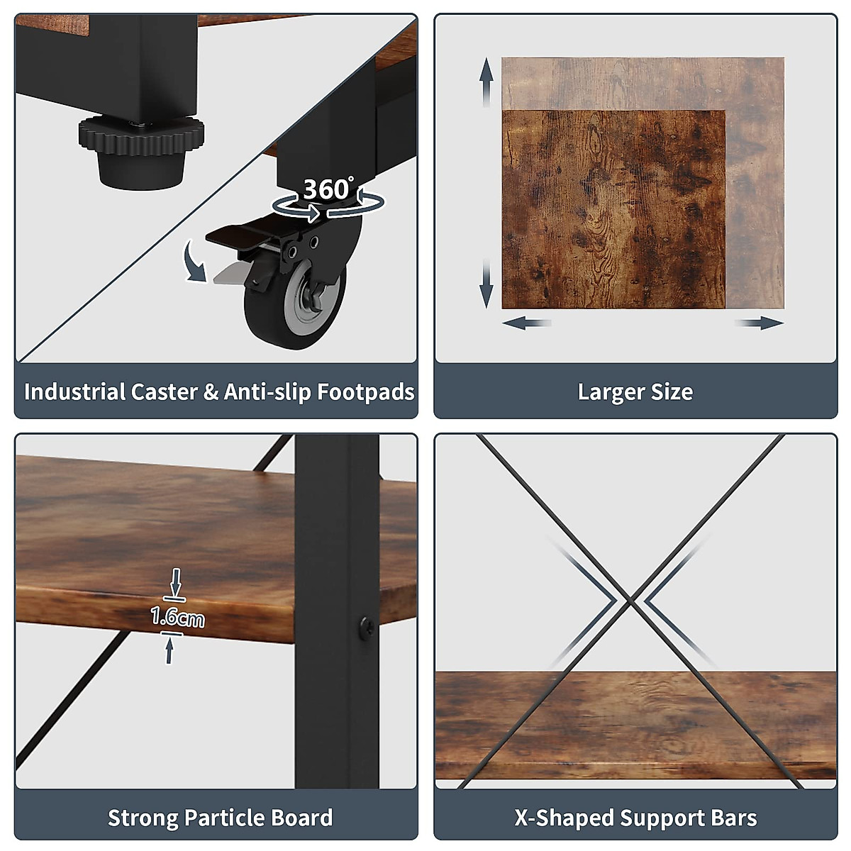 LAITIMIA 3 Tier Mobile Printer Stand with Storage Shelves Folding Paper Shredder Stand Heavy Duty Laser Printer Table on Wheels CPU Tower Stand Home Office Printer Cart Kitchen Organizer Rustic Brown