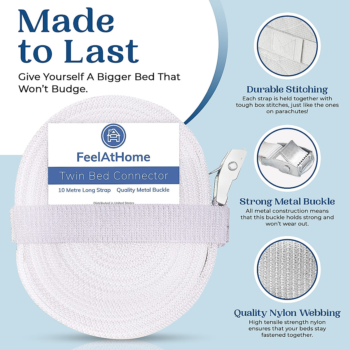 FeelAtHome Twin Bed Converter - Twin to King Mattress Joiner, 33ft Long Connecting Strap