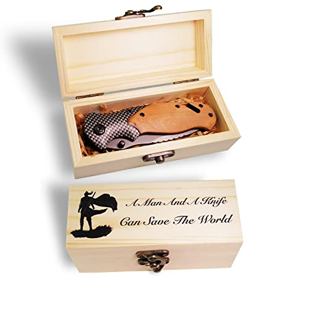 Pocket Knife for Men with Wood Gift Box Case Set, Tactical Knife with Clip for Hunting Survival EDC Camping, Cool Folding Knife for Christmas Gifts, Anniversary, Birthday(Wood)