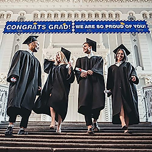 Whaline 2 Pack Congrats Grad Banner Graduation Hanging Banners Graduation Photo Booth Backdrop Decor with Delicate Patterns for Commencement Ceremony, Graduation Party Supplies (Blue)