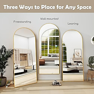 JAWGLOW Arched Full Length Mirror, 64" x 21" Free Standing Floor Mirror, Modern Full Body Mirror with Stand, Wall Mirror with Aluminum Alloy Frame for Bedroom,Living Room, Gold