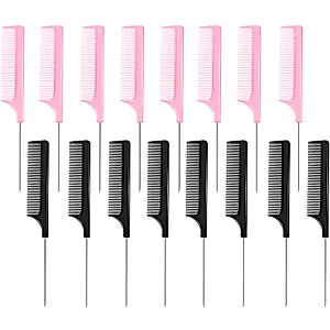 16 Pcs Rat Tail Comb Foiling Steel Pin Rat Tail Fiber Heat Resistant Teasing Combs with Pintail for Women Girls Hair Styling(Black and Pink)
