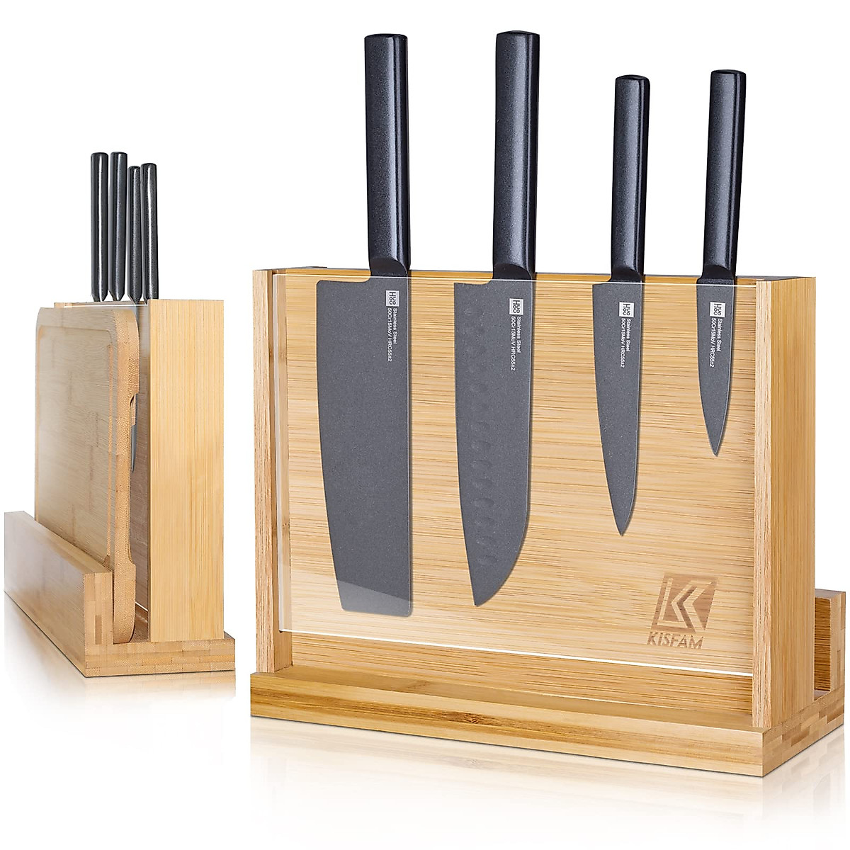 Magnetic Knife Block, Universal Knife Holder Wooden Knives Rack with Double Sided Magnetic and Acrylic Protection Shield for Kitchen Multifunctional Storage (Without Knives & Cutting Board）