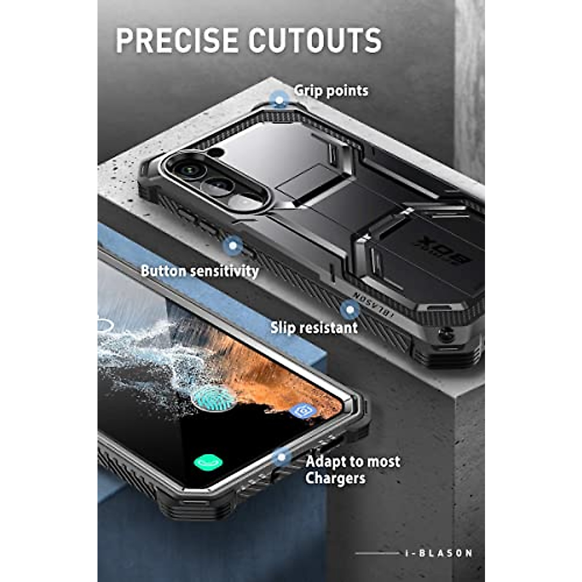 i-Blason Armorbox for Samsung Galaxy S23 Case with Built-in Screen Protector, [2 Front Frames] Full-Body Rugged Anti-Slip Bumper Case with Kickstand & Belt Clip Holster (Black)