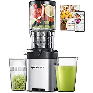 AMZCHEF Cold Press Juicer, Juicer Machines - 5.2" Large Feed Chute for Whole Fruits & Vegetables, Stainless Steel Slow Masticating Juicer Easy to Clean, Large Auger, Double Strainers, Silver