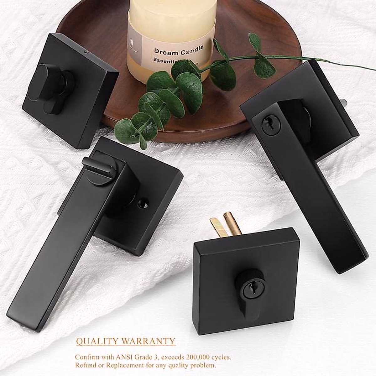 Probrico Flat Black Square Entry Levers Locksets and Single Cylinder Deadbolts Combination Set, Heavy Duty Front Door Office Entrance Levers, 3 Pack Keyed Alike(All Same Keys)