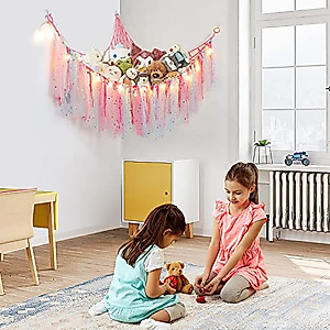 Dremisland Stuffed Animals Storage with Fairy Lights Toy Hammock Hanging Stuffed Animal Storage Organizer Holder with Lace Tassels for Nursery Play Room, Kids Bedroom (Pink)