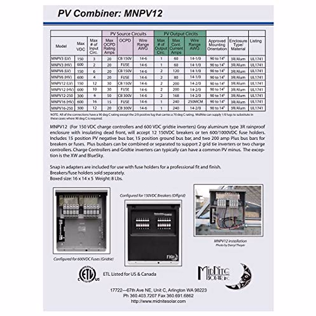 Midnite Solar Mnpv12 Photovoltaic Combiner Box - 12 Breakers