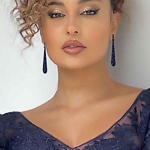 BriLove Wedding Bridal Elegant Crystal Beaded Teardrop Long Dangle Earrings for Women Navy Blue Black-Tone