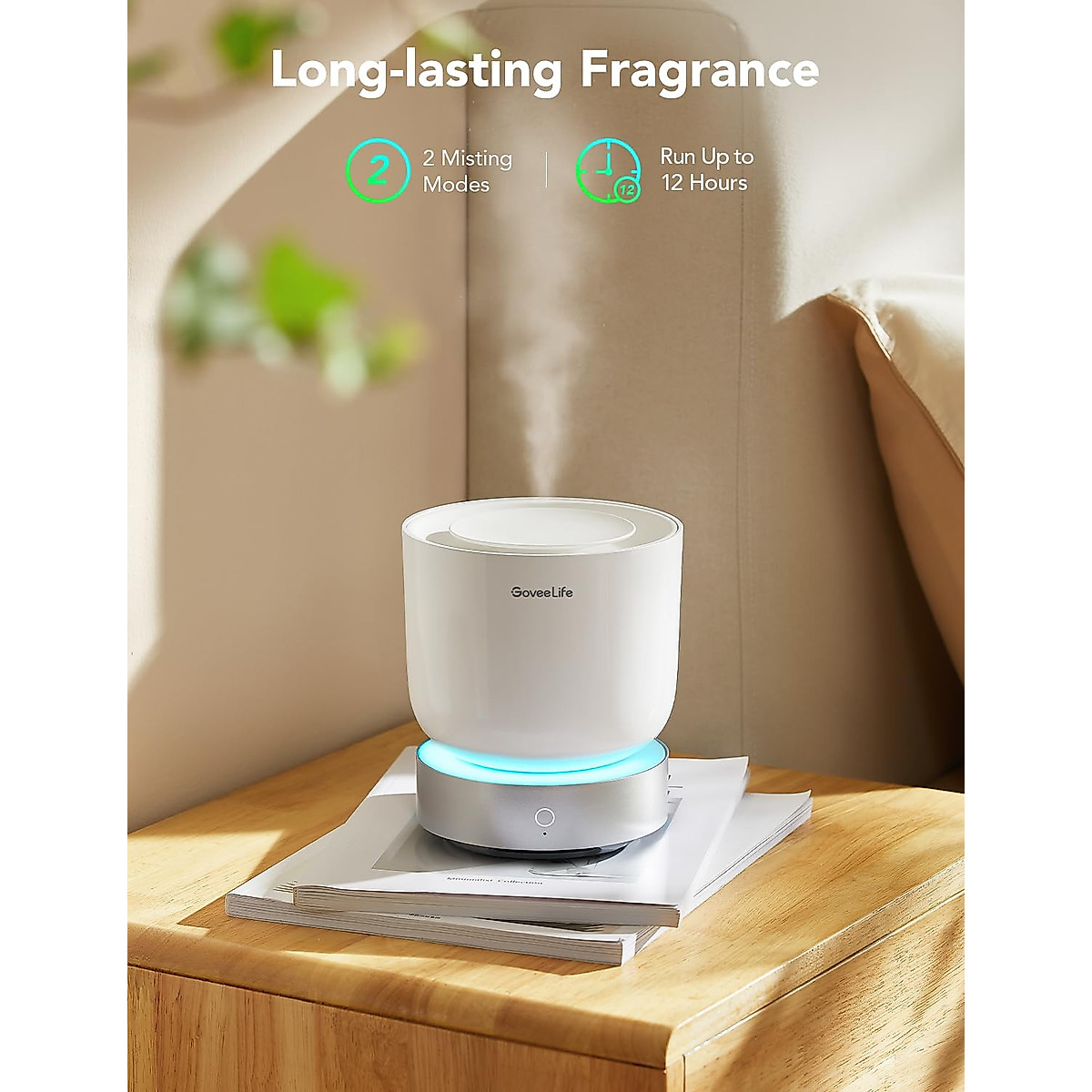 GoveeLife Smart Essential Oil Diffuser with Alexa Voice App Control for Home Office Bedroom, 300ml Quiet Cool Mist Aroma Diffuser with 2 Mist Modes, White Noise, Waterless Auto Off/Alarm