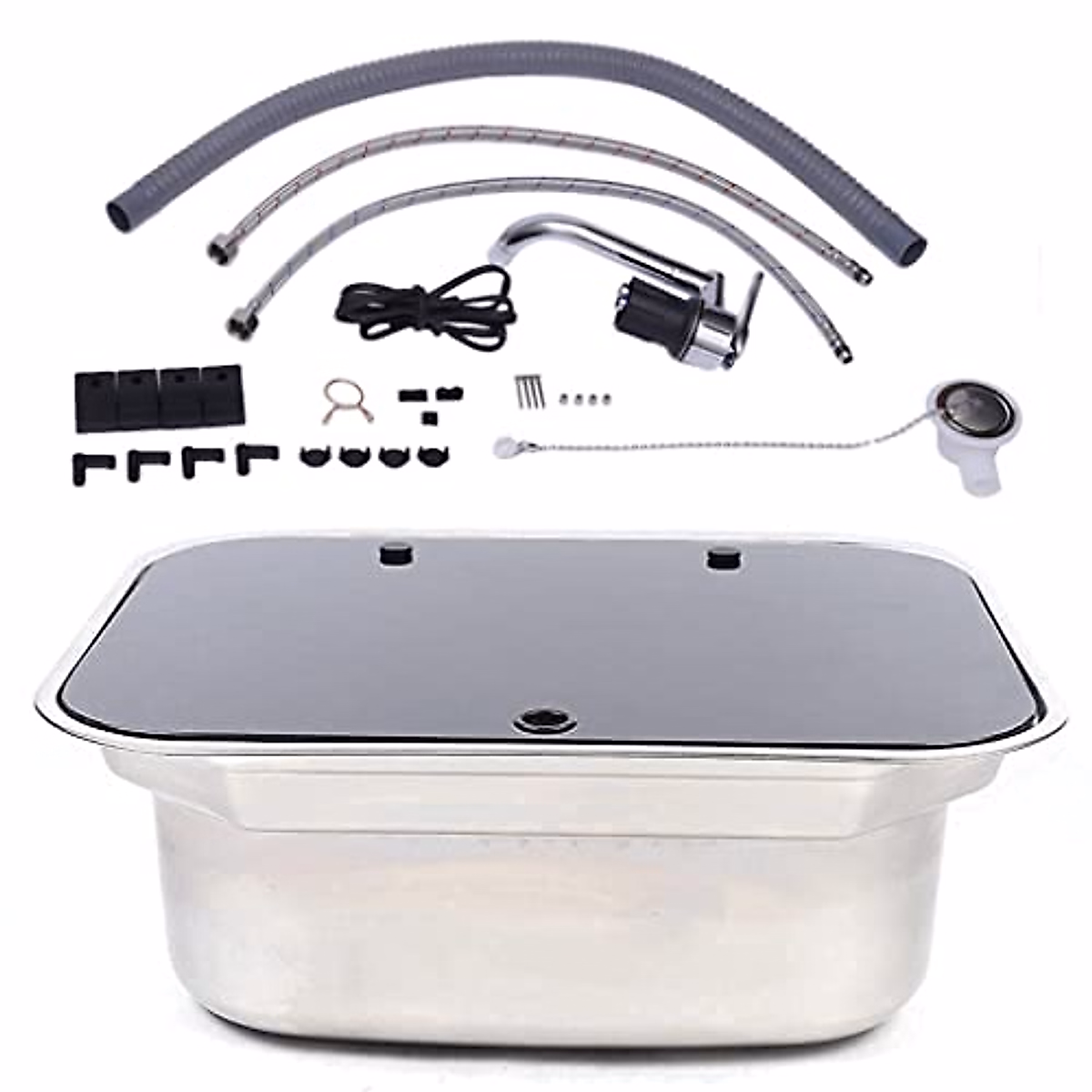RV Sink Kitchen Bar Sink RV Stainless Steel Hand Wash Basin Sink with Folded Faucet Tempered Glass Lid Washbasin for Camper, Trailer, Caravan, RV, Home, Cafe, Bar, Boat