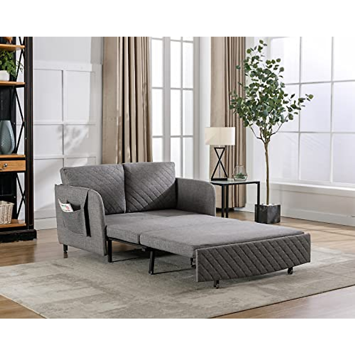 Pull Out Futon Sofa Bed, Convertible Small Loveseat Sleeper with Storage Drawer, 3 in 1 Futon Couch with Removable Pocket and 2 Pillows, Modern Love Seat for Living Room, Guest Room, Deep Grey