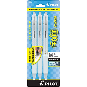 Pilot® FriXion® Ball Clicker Erasable Retractable Gel Pens, Pack of 3, Extra Fine Point, 0.5mm, White Checker Barrel, Black Ink