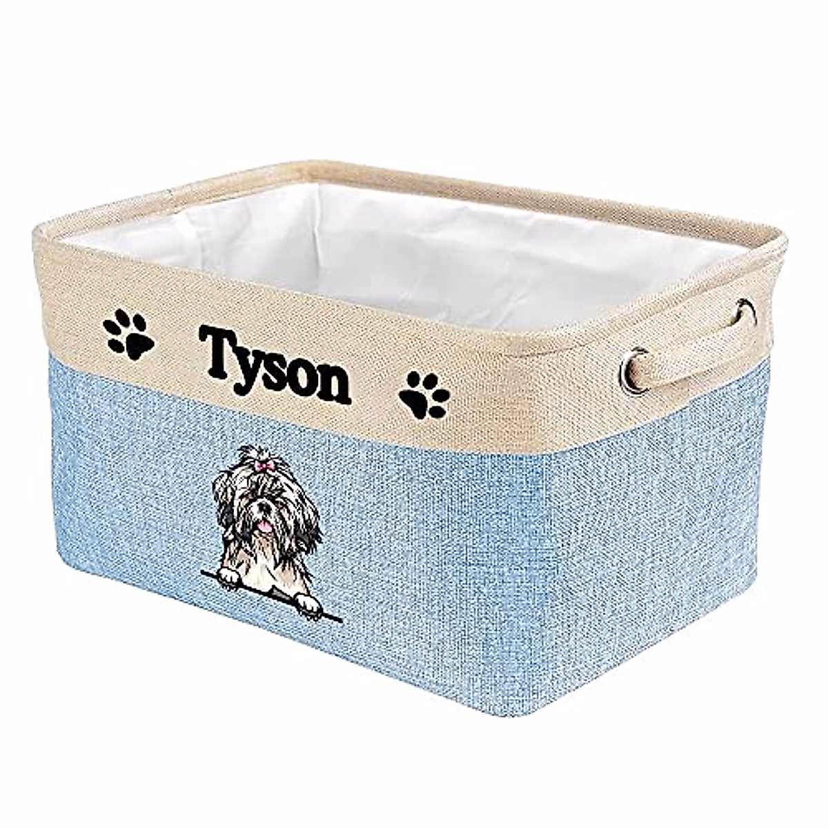 MALIHONG Personalized Foldable Storage Basket with Lovely Dog Shih Tzu Collapsible Sturdy Fabric Pet Toys Storage Bin Cube with Handles for Organizing Shelf Home Closet, Blue amd White