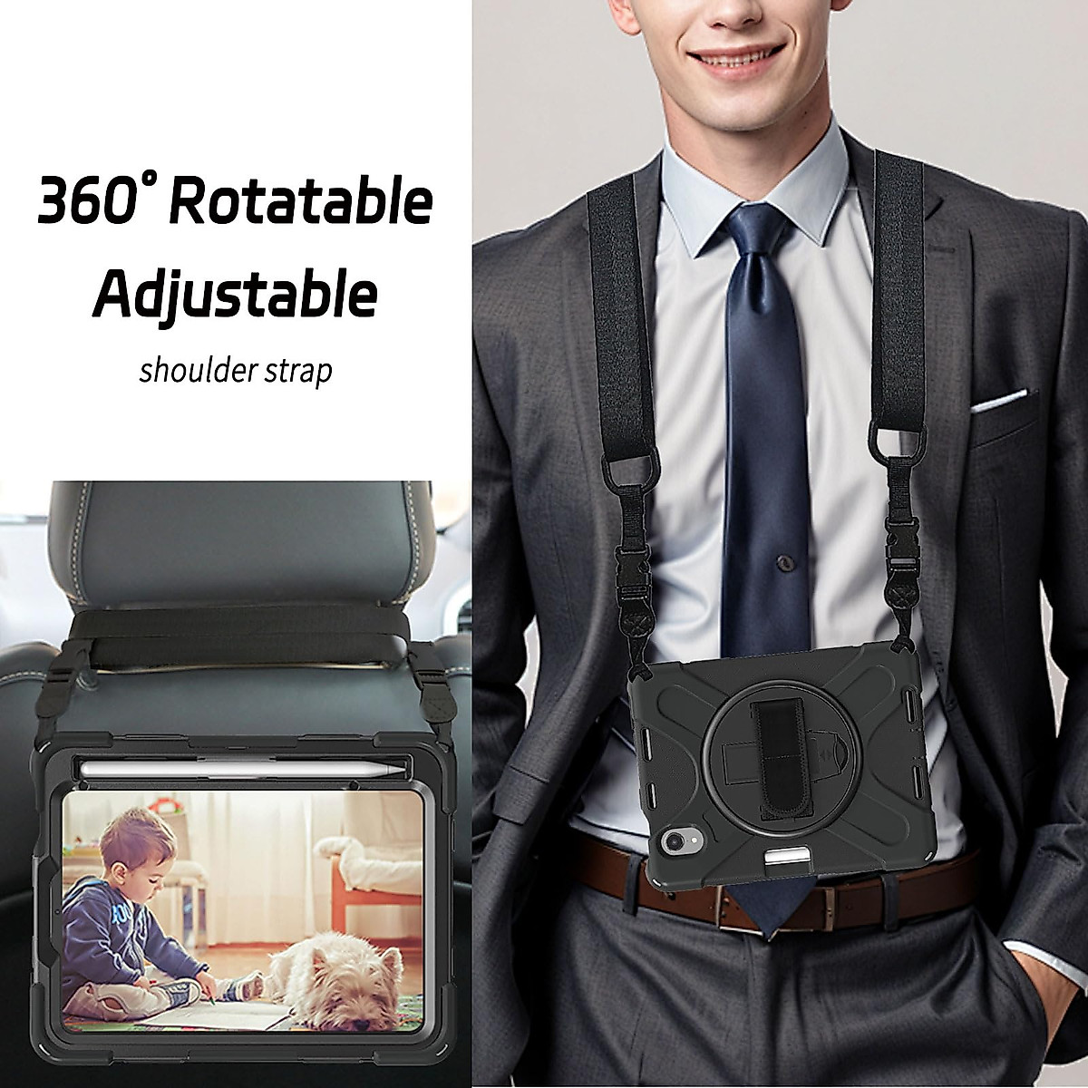 ZenRich iPad Mini 7 Case (A17 Pro 2024), Heavy Duty Shockproof Rugged Case for iPad Mini 7th/6th Generation with Pencil Holder/Kickstand/Hand Strap/Carrying Shoulder Belt, Black