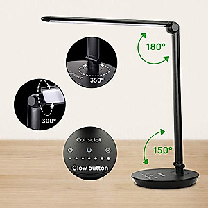 LED Desk Lamp, Consciot 12W Desk Light with USB Charging Port, 5 Lighting Modes 7 Brightness Levels, Dimmable & Adjustable, Touch-Sensitive Control, 30/60 min Auto Timer, Black