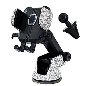 Bling Car Phone Holder,Bling Crystal Car Phone Holder,360°Adjustable Crystal Auto Phone Mount ,Bling Universal Phone Mount Holder Long Arm Suction Cup Phone Holder for Car Dashboard Windshield (White)