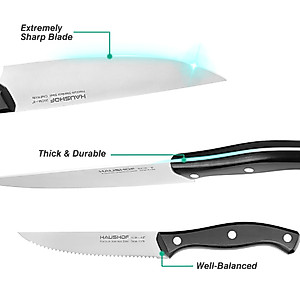 HAUSHOF 14 PCS Kitchen Knife Set With Block Wooden, Razor-Sharp Stainless Steel, Forged Triple Rivet, Chefs, Santoku, Slicing, Utility & 6 Steak Knives, Black