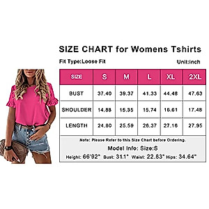 PRETTYGARDEN Women's Short Sleeve Casual T Shirts Summer Ruffle Plain Round Neck Loose Fit Tee Blouse Tops Rose Red