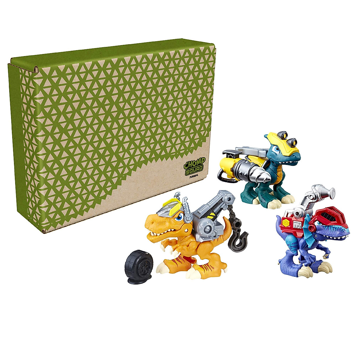 Chomp Squad Playskool Dino Bundle, Dinosaur Toy 3-Pack with Backsplash, Tow Zone and Drill Bite Dinosaur Figures for Kids 3 Years and Up