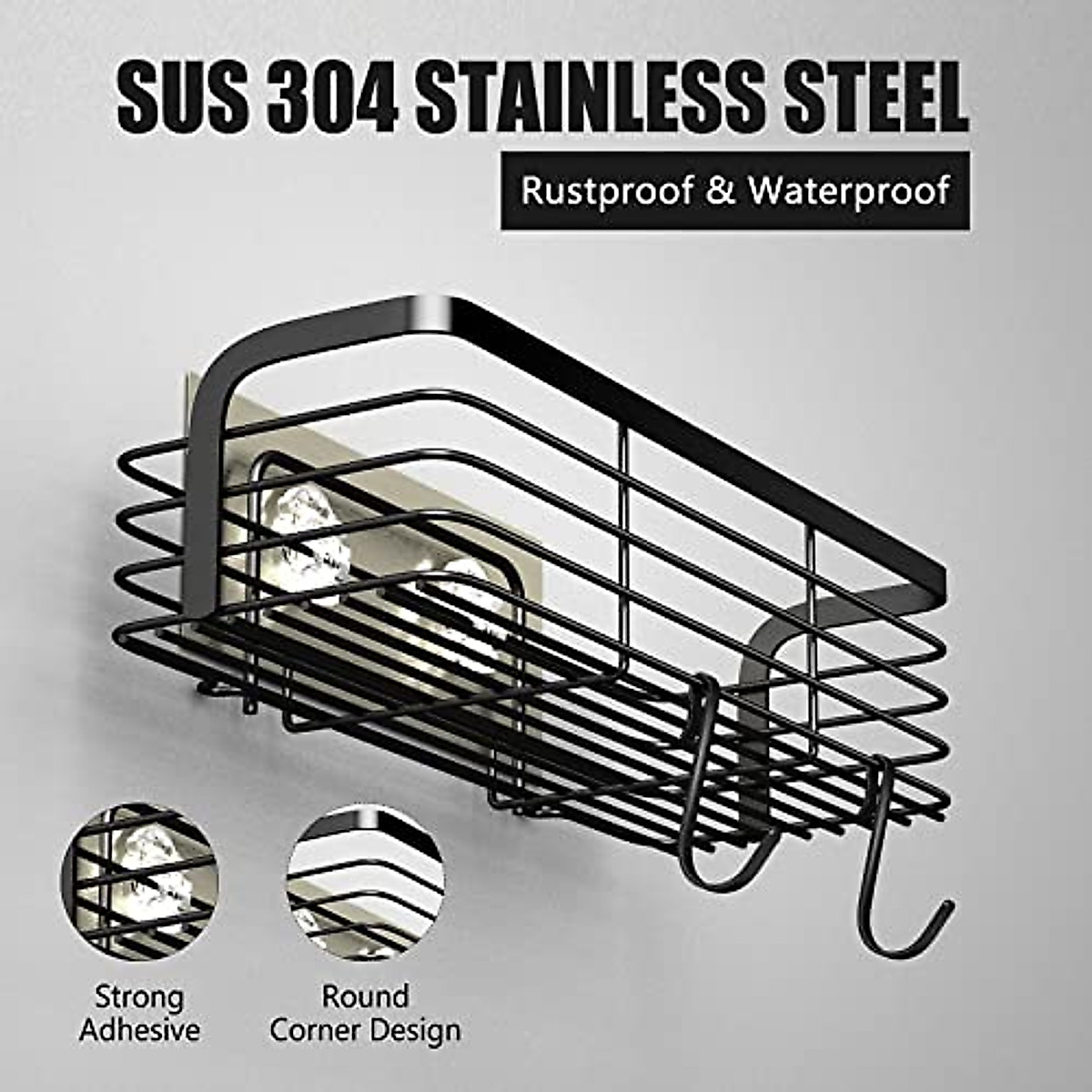 Anguang Shower Caddy Basket Shelf with Soap Holder, No Drilling Wall Mount Adhesive Bathroom Basket Shelves with Hooks, Rustproof 304 Stainless Steel Bathroom Kitchen Shower Storage Organizer -3Pack