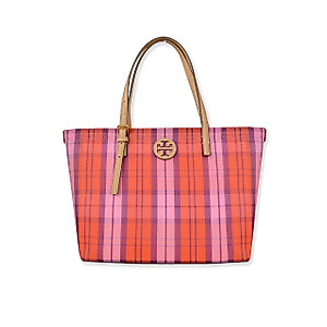 Tory Burch Womens 146732 Emerson Gold-Tone Hardware Mesh Woven E/W Market Tote Bag, (650 Pink/Red Plaid)