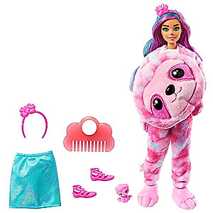 Barbie Cutie Reveal Doll, Fantasy Series Sloth Plush Costume, 10 Surprises Including Mini Pet & Color Change