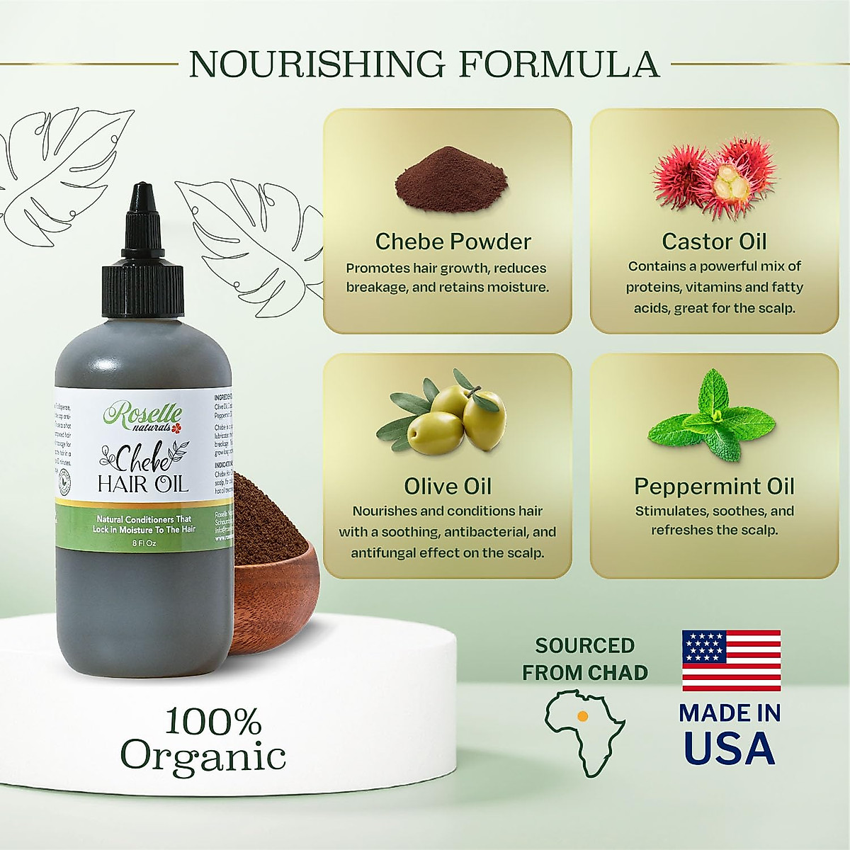Roselle Naturals Chebe Oil for Hair Growth Made in USA 8 Fl Oz - Chebe Hair Growth Oil, Chebe Hair Grease for Stronger, Longer, Thicker Hair