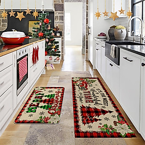 cusugbaso Christmas Kitchen Mats, Merry Christmas Kitchen Rugs Set of 2 - Red Buffalo Plaid Christmas Kitchen Decor - Truck Christmas Decorations for Bathroom,Floor,Indoor,Home 17"x27+17"x47"