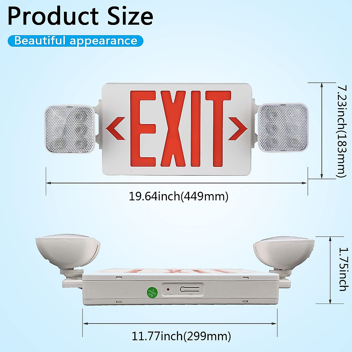 LED Exit Signs with Emergency Lights, Red LED Two Adjustable Head Emergency Exit Light with Backup Battery, AC 120V/277V, ABS Fire Resistant, UL Listed (1Pack)